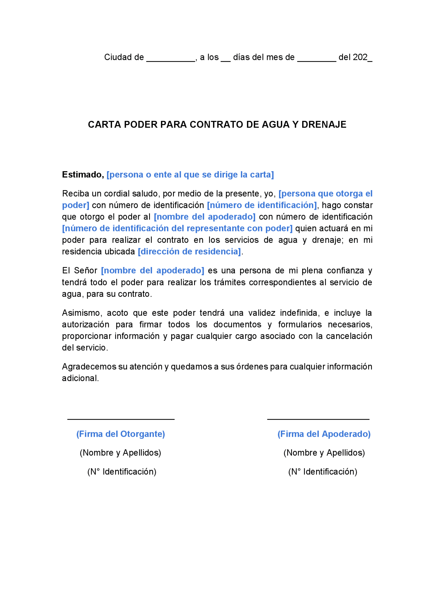⊛ Carta poder para contrato de agua y drenaje en Word y PDF ⊛ Carta poder para contrato de agua y drenaje en Word y PDF